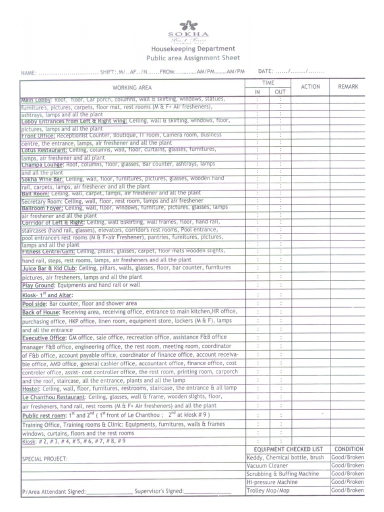 Public Area Assignment Sheet | PDF