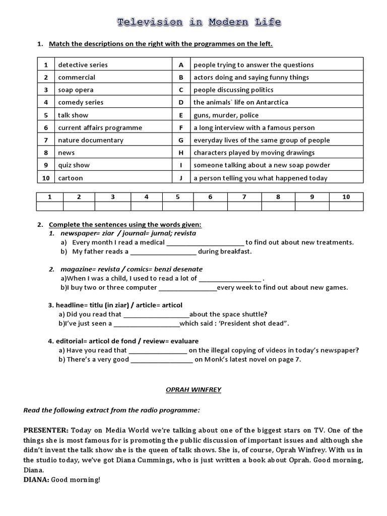 Television in Modern Life Reading Comprehension Exercises | PDF | Oprah ...