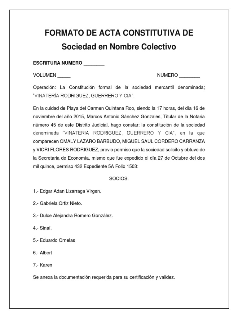 Acta Constitutiva Sociedad en Nombre Colectivo | PDF | Sociedad de responsabilidad limitada ...