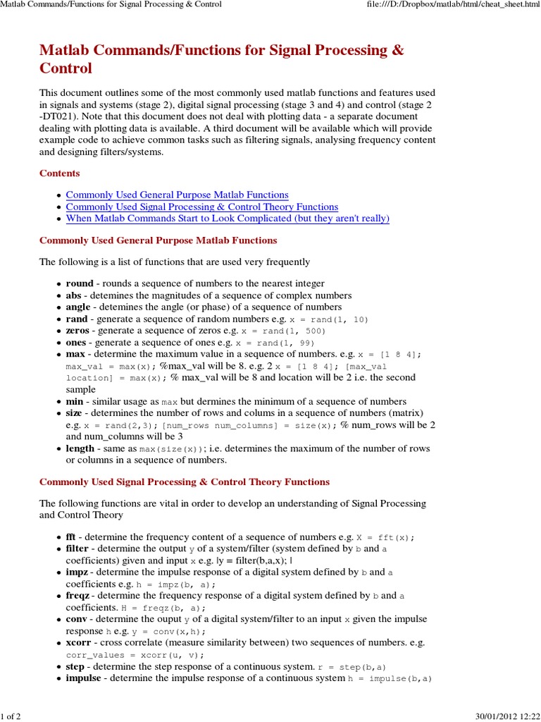 Matlab Commands Functions For Signal Processing & Control | PDF | Filter (Signal Processing ...