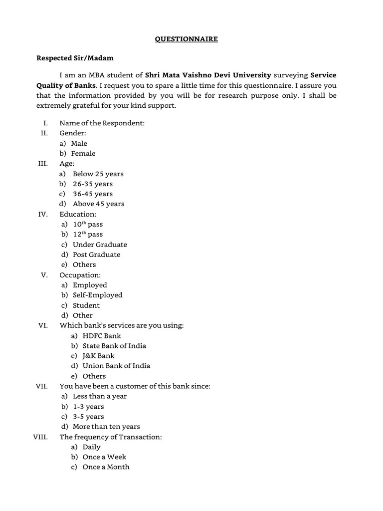 Questionnaire For Service Quality | PDF | Banks | Psychology
