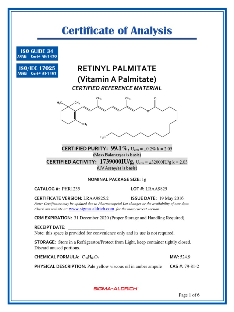 Certificate of Analysis: Retinyl Palmitate (Vitamin A Palmitate) | PDF ...