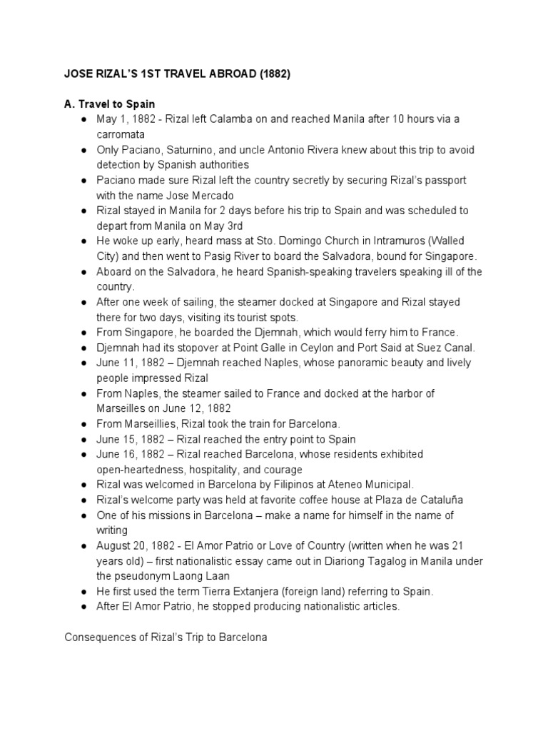 Jose Rizal'S 1St Travel Abroad (1882) A. Travel To Spain | PDF