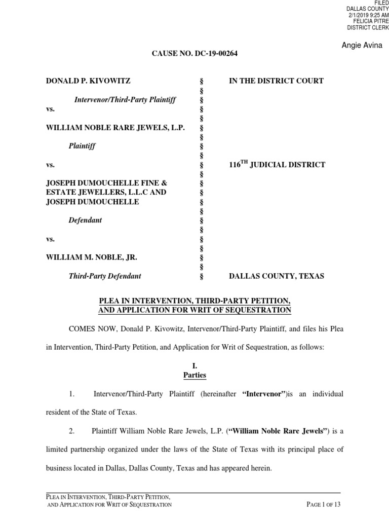 Plea in Intervention and Application For Writ of Sequestration (W ...