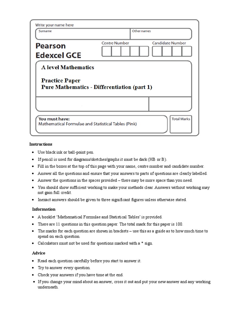 A Level Mathematics - Practice Paper - 7.1 - Differentiation (Part 1 ...