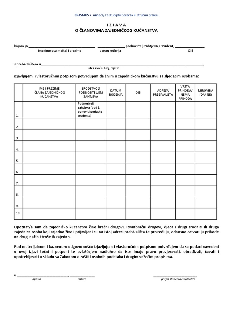 Izjava o Clanovima Zajednickog Kucanstva 2019 Objava | PDF