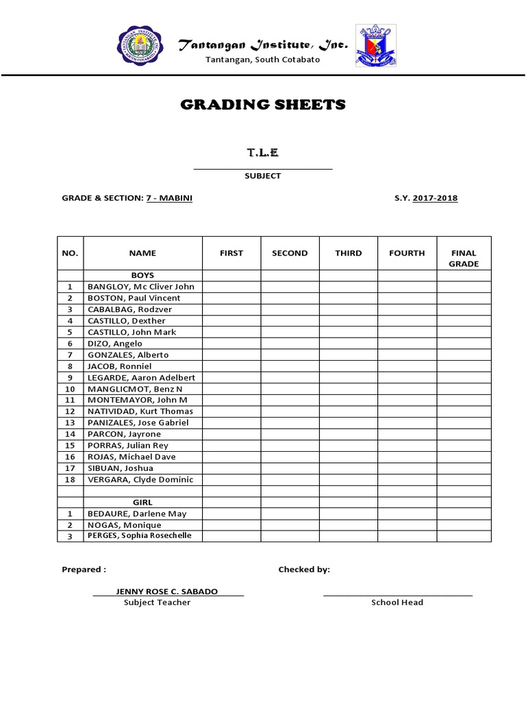 Seventh Grade Report Card for Mabini Section from Tantangan Institute | PDF