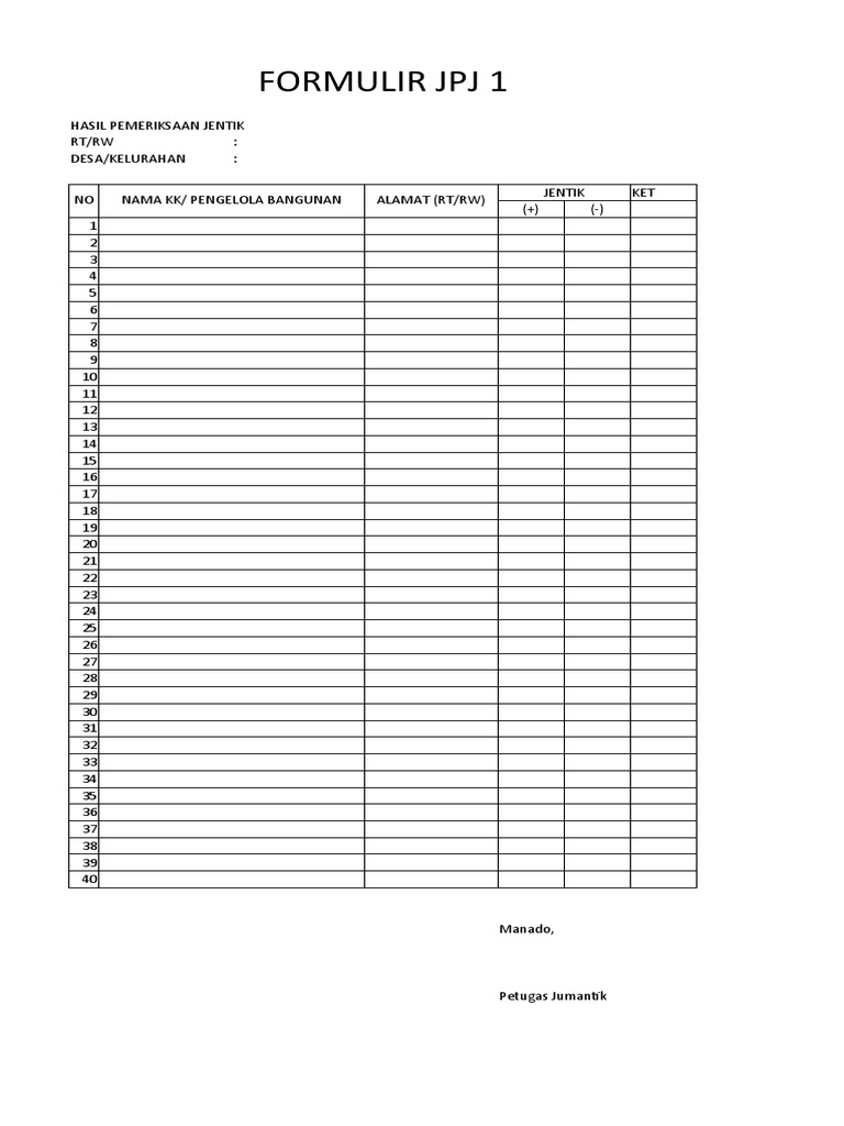 Formulir JPJ 1 Hasil Pemeriksaan Jentik RT/RW | PDF