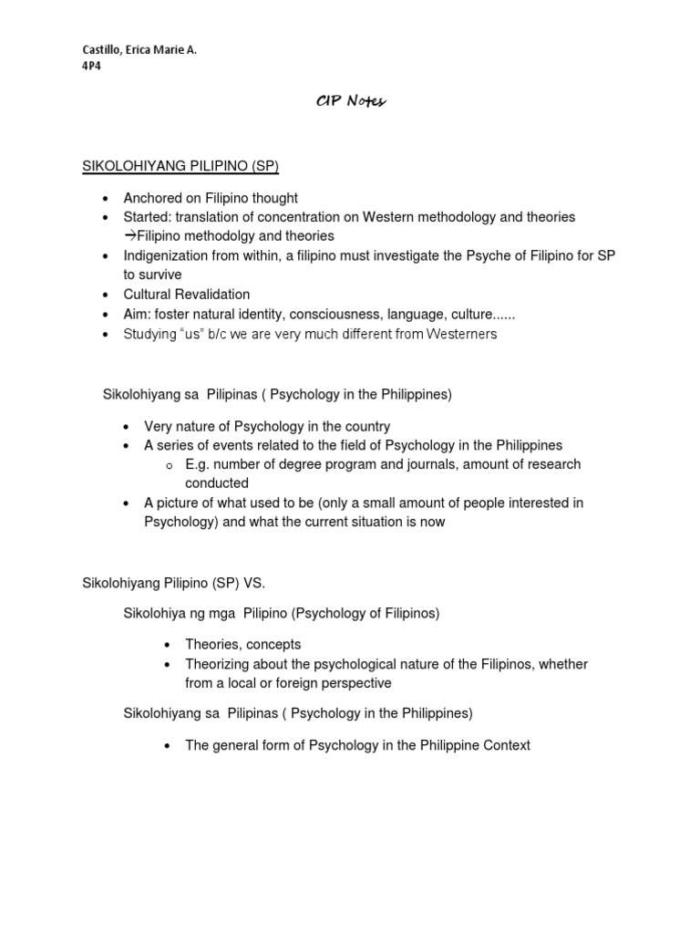 CIP Notes: Castillo, Erica Marie A. 4P4 | PDF | Psychology ...