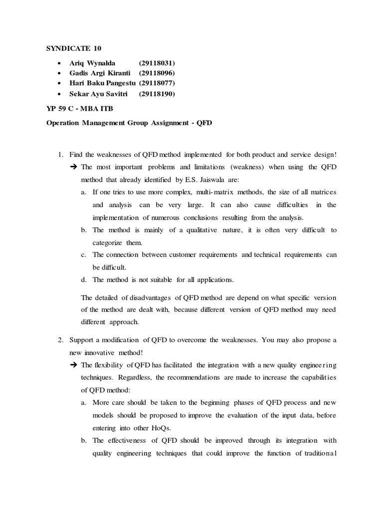 Operation Management Assignment - QFD | PDF | Operations Management | Design