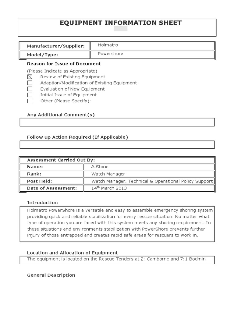 Equipment Information Sheet: Manufacturer/Supplier: Model/Type | PDF ...