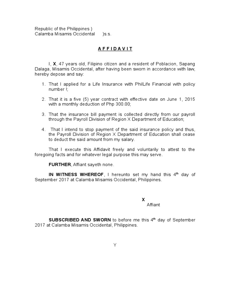 Affidavit to Stop Insurance Deduction | PDF