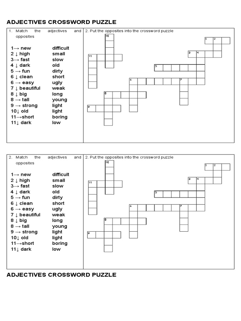 Adjectives and Opposites Crossword | PDF