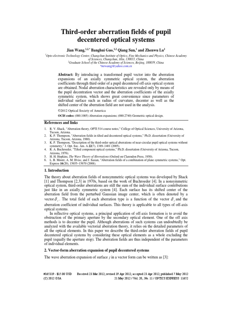 Third-Order Aberration Fields of Pupil Decentered Optical Systems | PDF ...