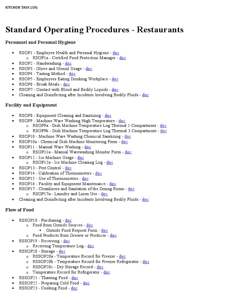 Standard Operating Procedures - Restaurants: Personnel and Personal ...