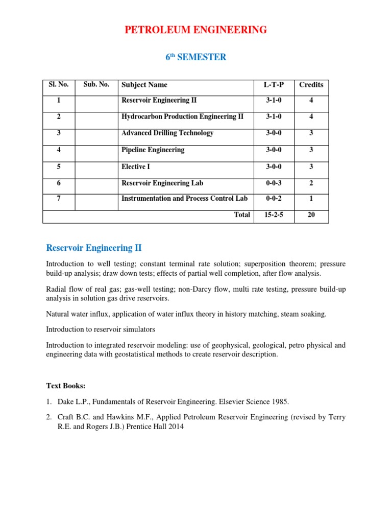 Petroleum Engineering: 6 Semester | PDF | Petroleum Reservoir | Oil Well