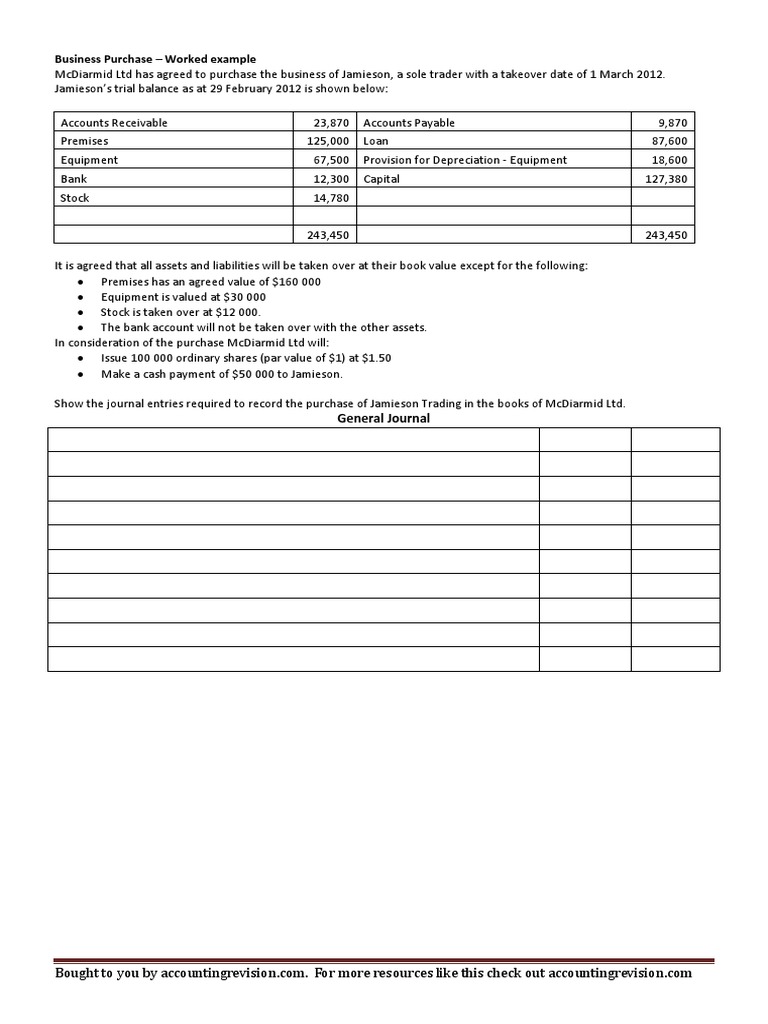 Business Purchase - Worked Example: General Journal | PDF | Financial ...