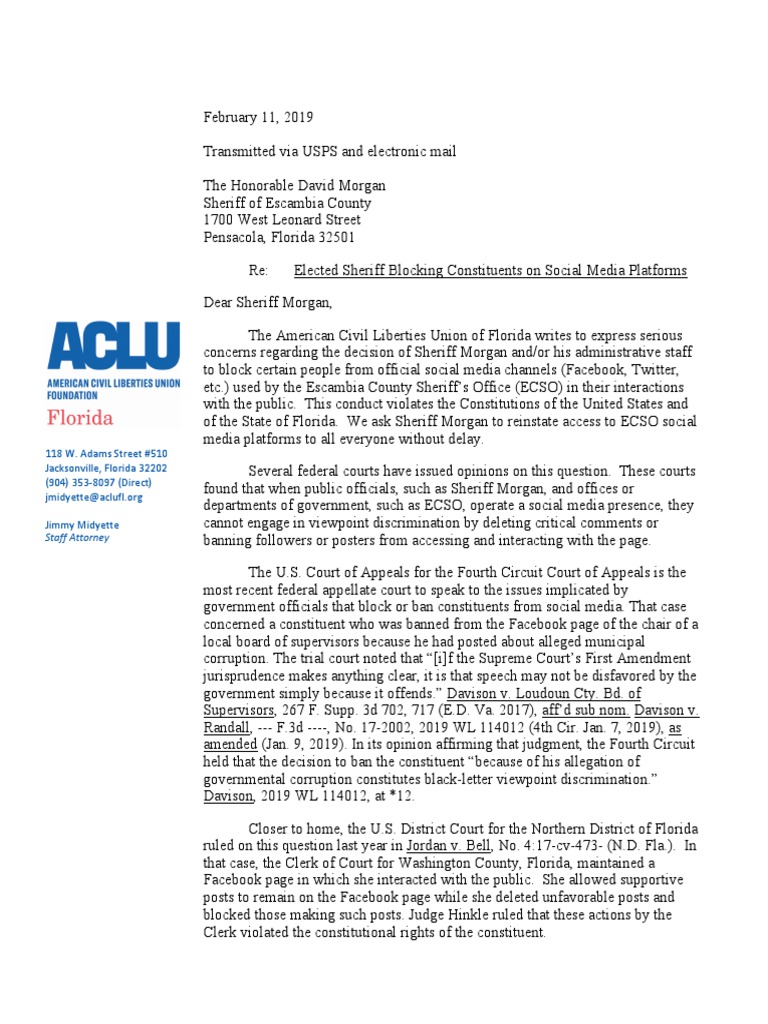 ACLU Letter To Sheriff David Morgan | PDF | American Civil Liberties ...