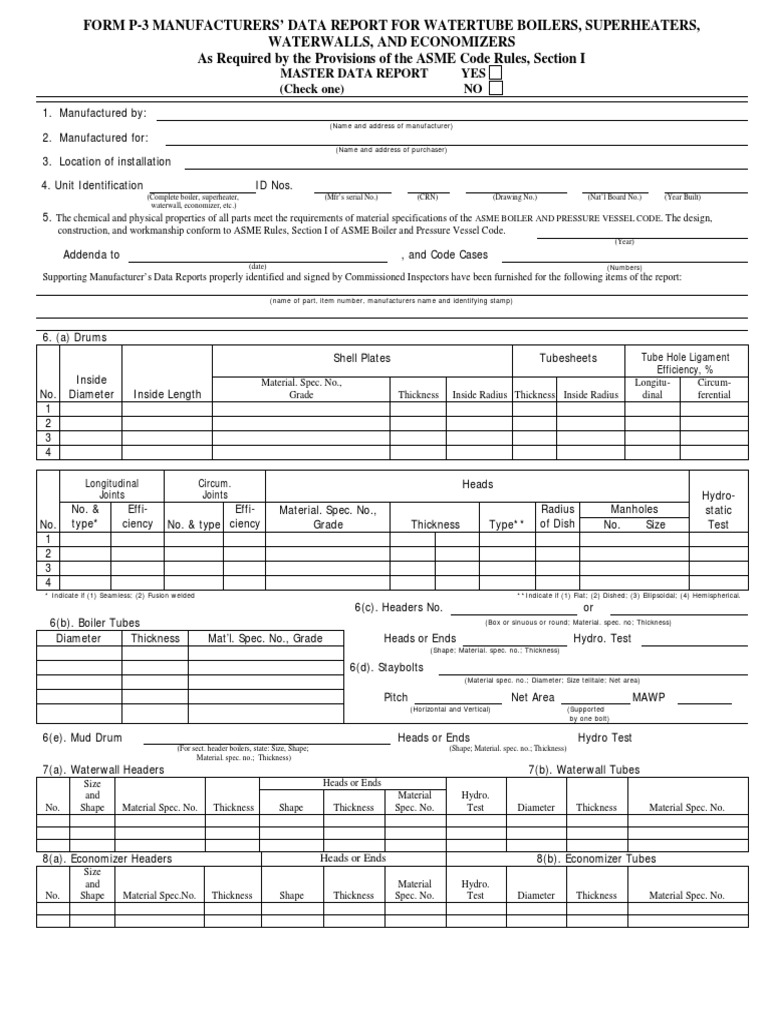 Master Data Report YES (Check One) NO: Asme Boiler and Pressure Vessel ...