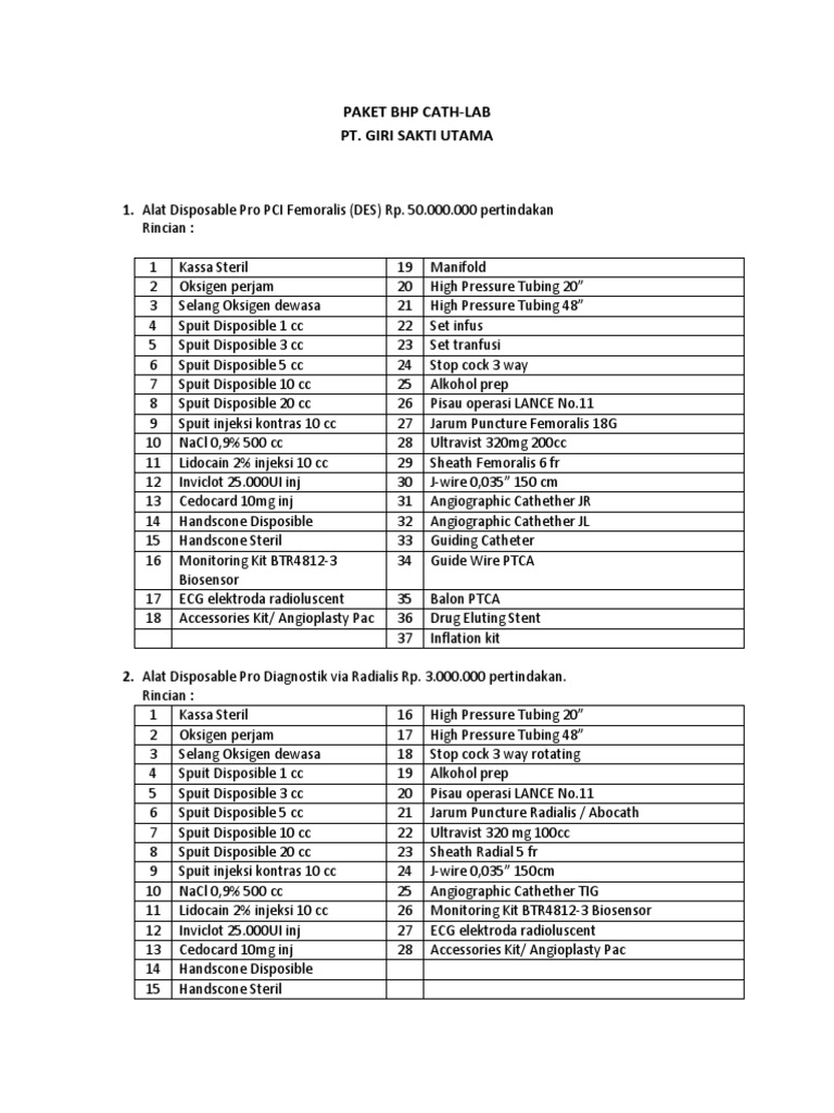 Paket BHP Cath-Lab Pt. Giri Sakti Utama | PDF | Percutaneous Coronary ...