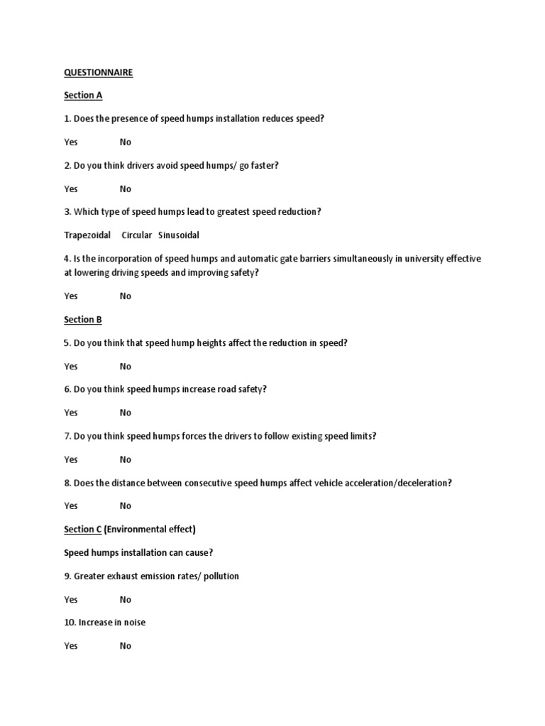 Speed Humps Questionnaire | PDF | Traffic | Vehicles
