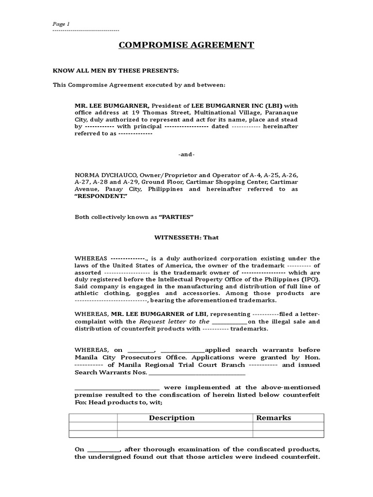 Compromise Agreement Template 062816 | PDF | Damages | Trademark