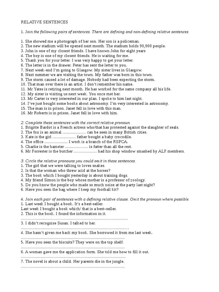 Relative Sentences: A Comprehensive Exercise on Defining and Non ...