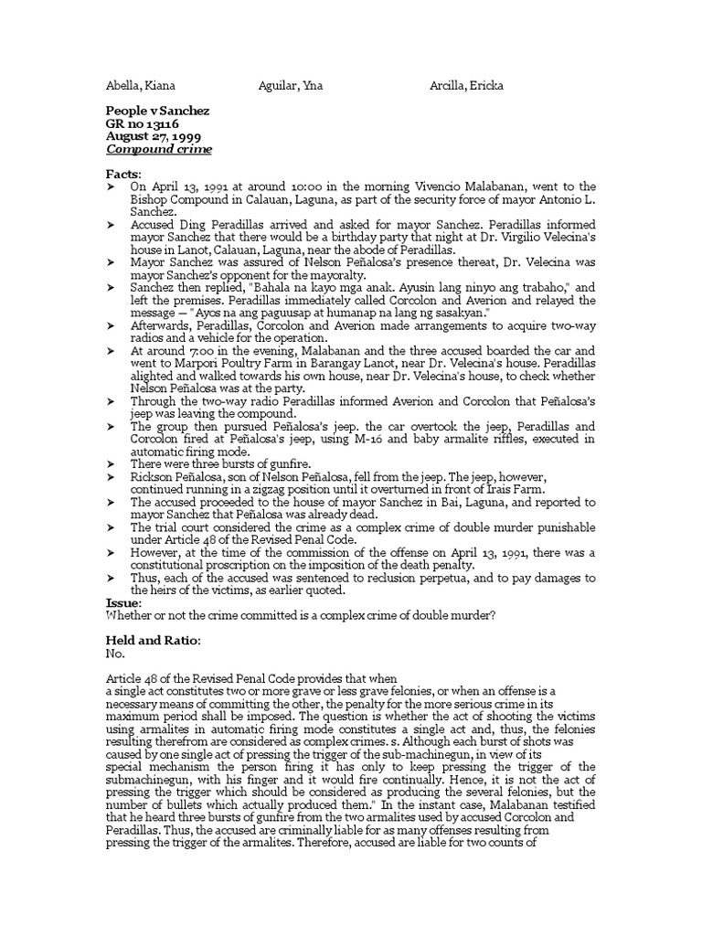 People V Sanchez - Compound Crime | PDF | Murder | Crime & Violence