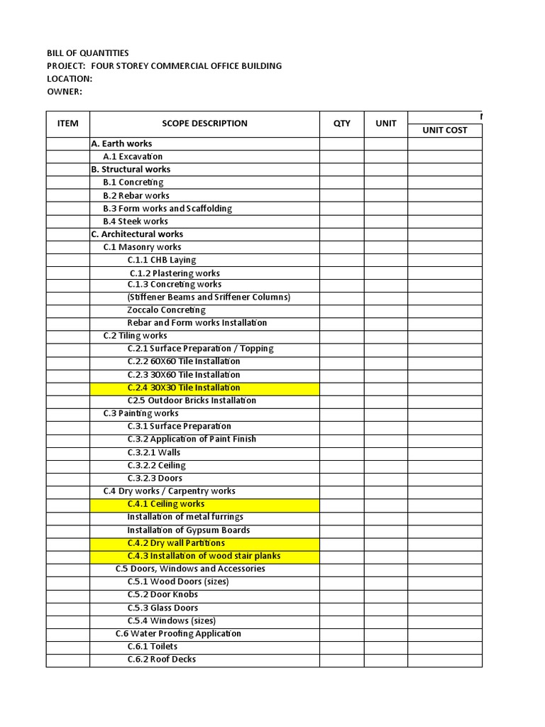 Item Scope Description QTY Unit Material Cost Unit Cost A. Earth Works ...