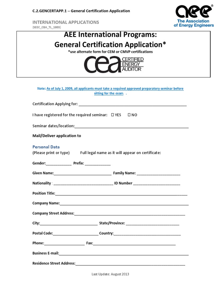 AEE International Programs: General Certification Application | PDF ...