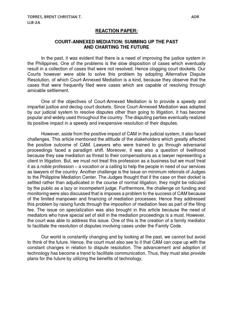 Reaction Paper: Court-Annexed Mediation: Summing Up The Past and ...