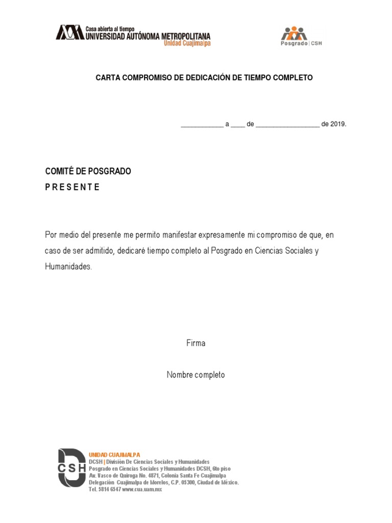 Carta Compromiso de Dedicación de Tiempo Completo | PDF