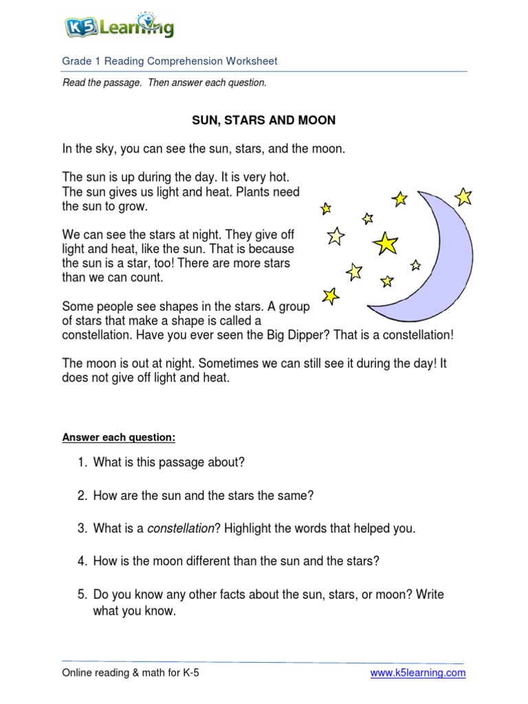 Sun, Stars and Moon: Grade 1 Reading Comprehension Worksheet | PDF