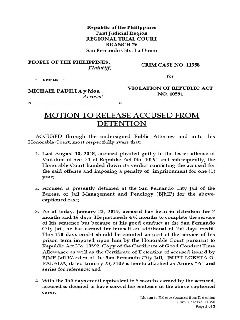 Motion for Release from Detention | PDF | Prison | Virtue