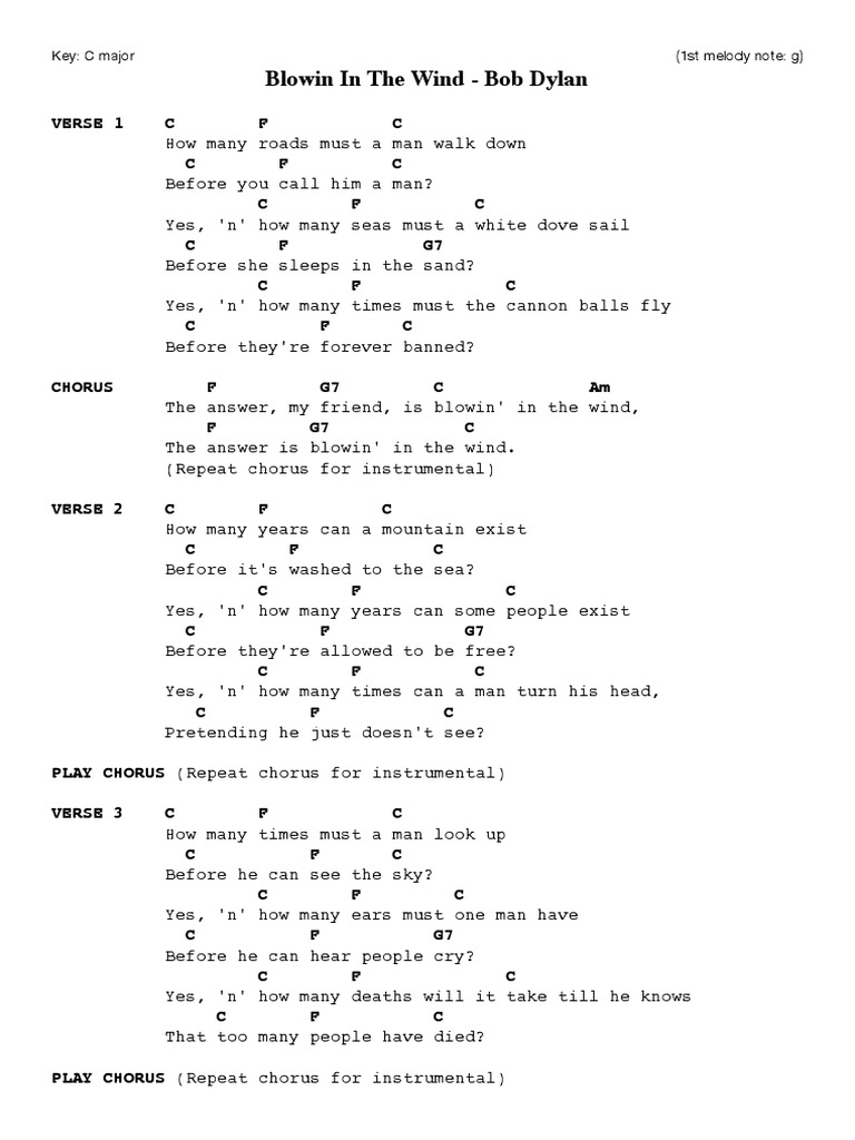 Blowin in The Wind - Bob Dylan: Verse 1 C F C | PDF | Song Structure ...