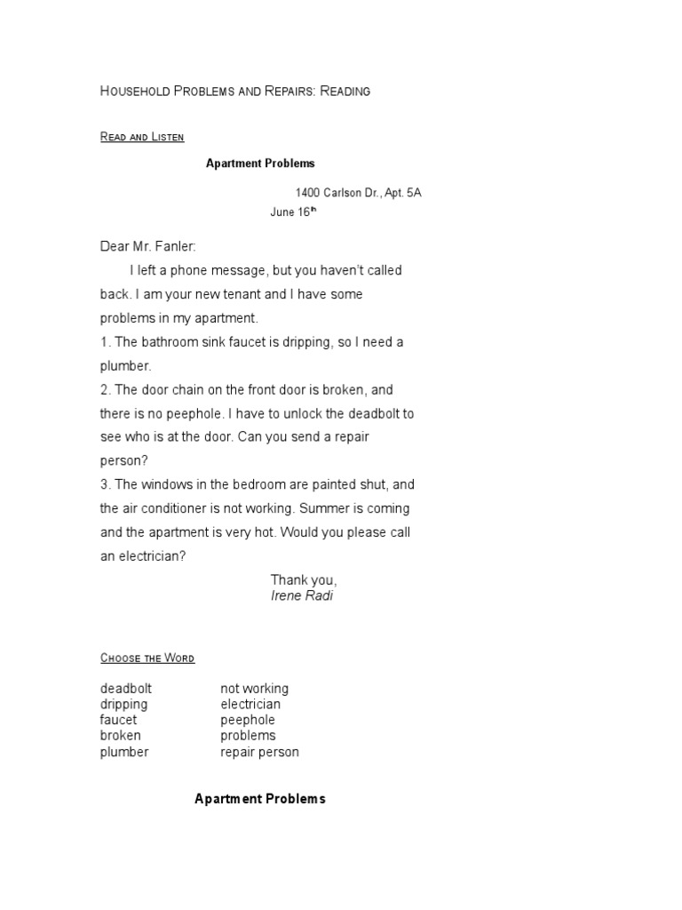Apartment Problems: Ousehold Roblems AND Epairs Eading | PDF