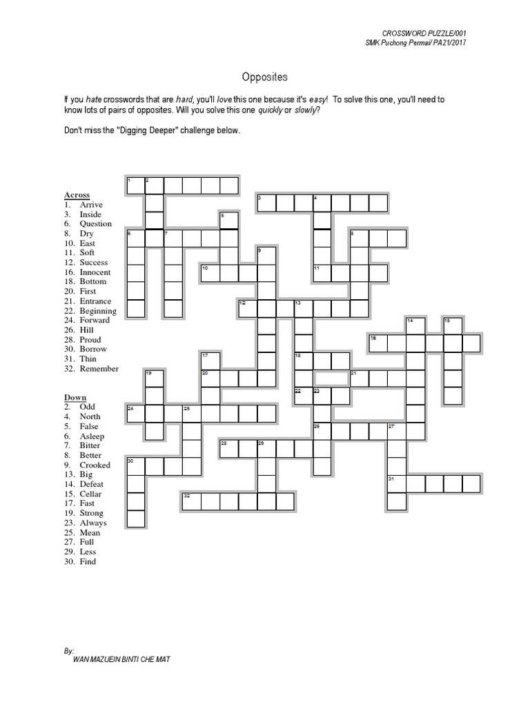 Crossword Puzzle 001 - Opposites | PDF | Puzzles | Games Of Mental Skill