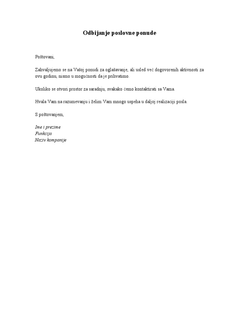 Odbijanje Poslovne Ponude | PDF