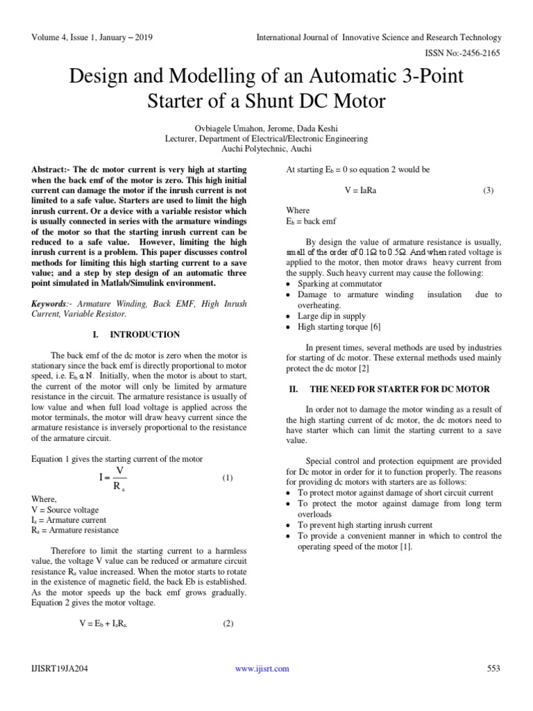 Design and Modelling of An Automatic 3-Point Starter of A Shunt DC ...