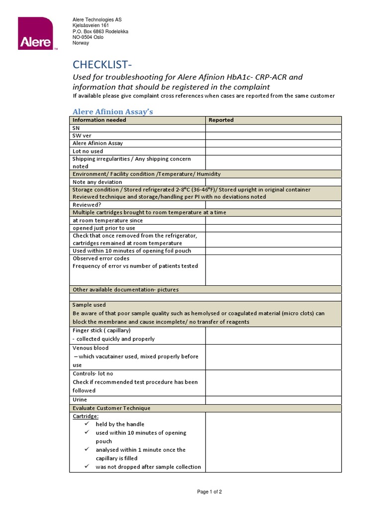 HbA1C - ACR - ACR - CHECKLIST - Troubleshooting and Report of Afinion ...