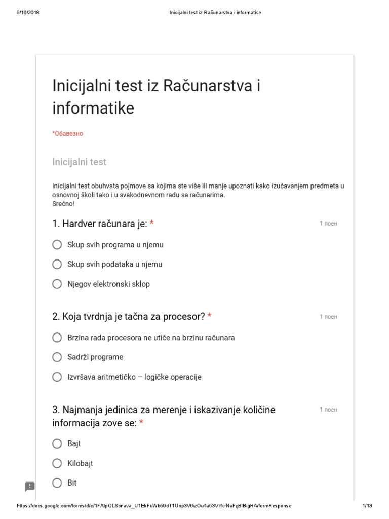 Inicijalni Test Iz Računarstva I Informatike | PDF