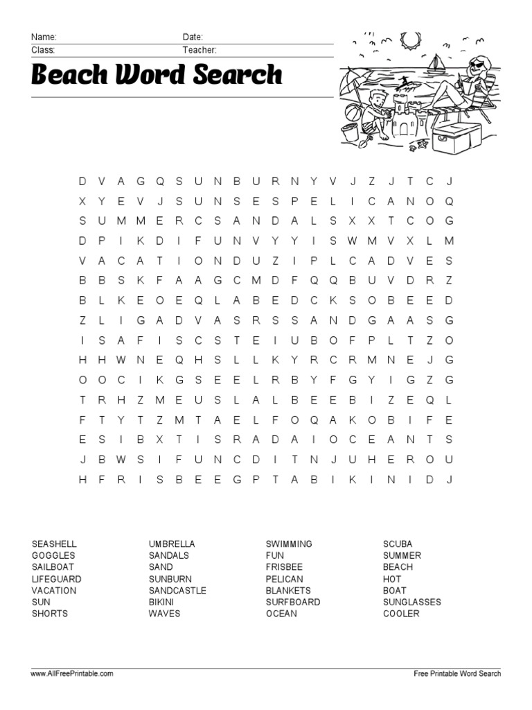 Beach Word Search: Name: Date: Class: Teacher | PDF | Water Sports ...