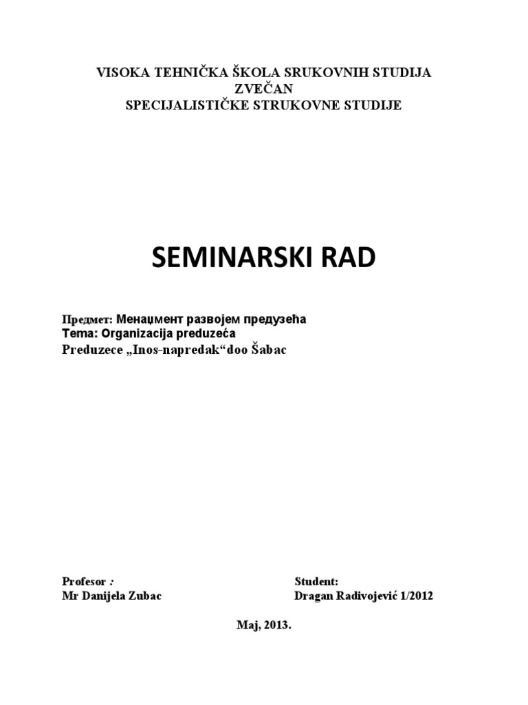 Seminarski Rad, Organizacija Preduzeća | PDF