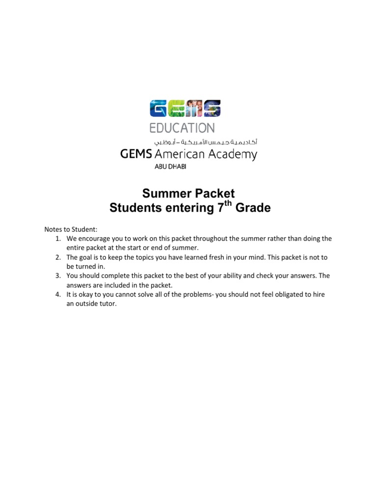 Summer Packet Students Entering 7 Grade | PDF