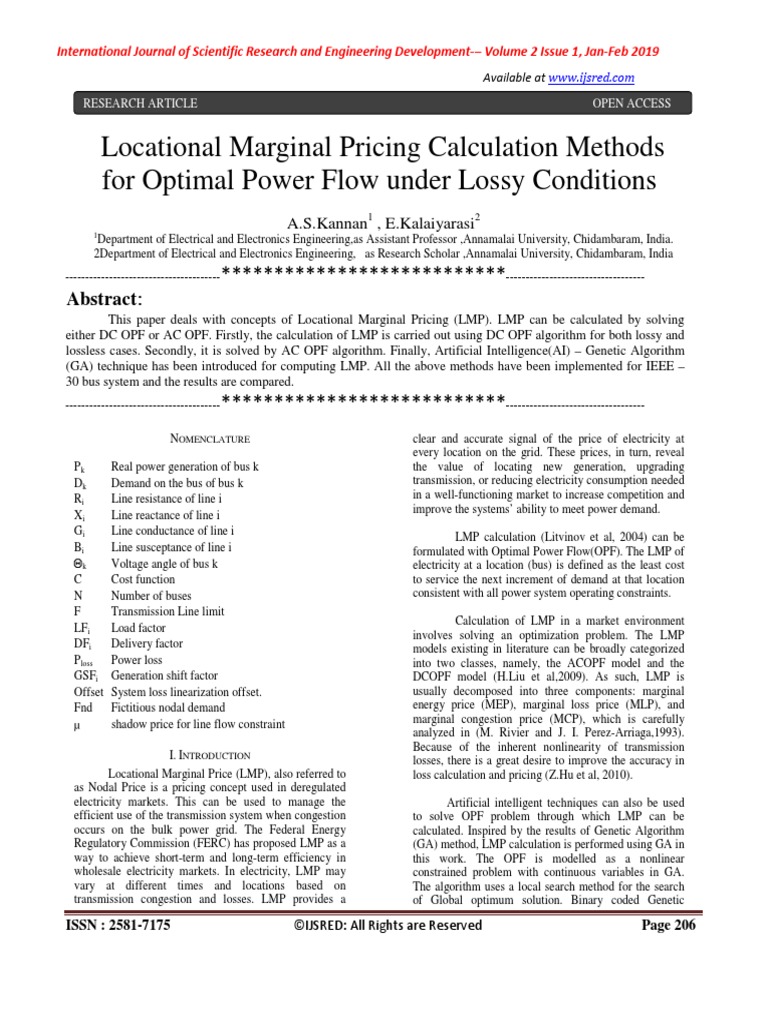 Locational Marginal Pricing Calculation Methods For Optimal Power Flow Under Lossy Conditions ...