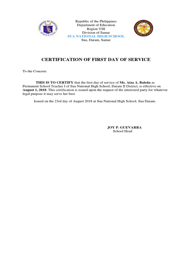 Certification of First Day of Service: Sua National High School | PDF