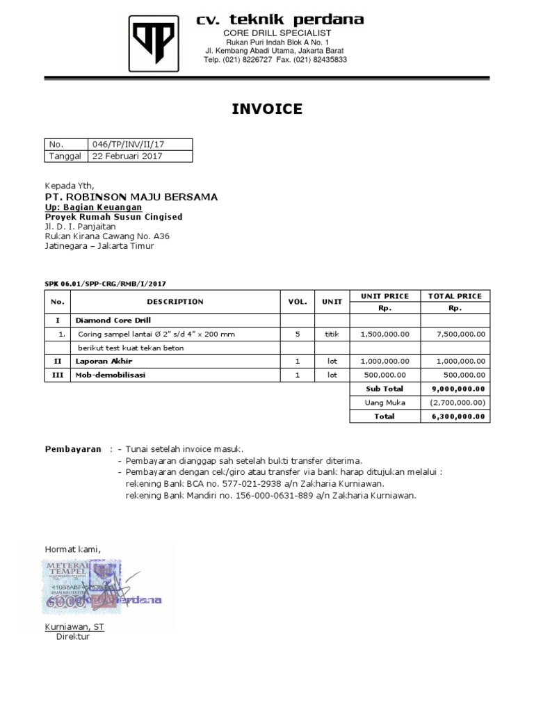 Invoice Coring Sampel - CV. Teknik Perdana (22!02!17) | PDF