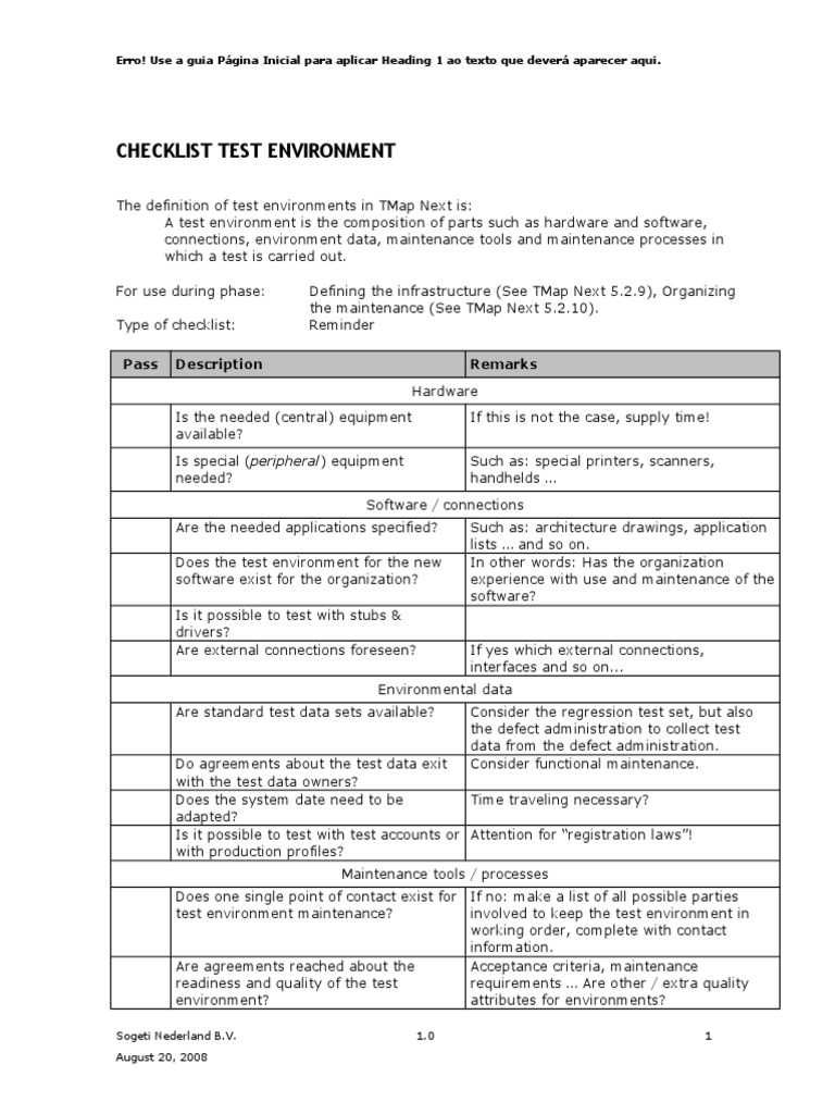Checklist Test Environment: Pass Description Remarks | PDF | Computer ...