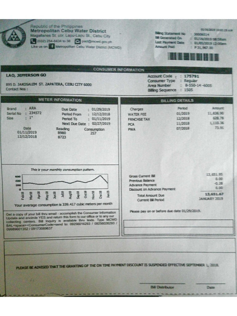 Document 1 - 1. Proof of Billing (MCWD) | PDF
