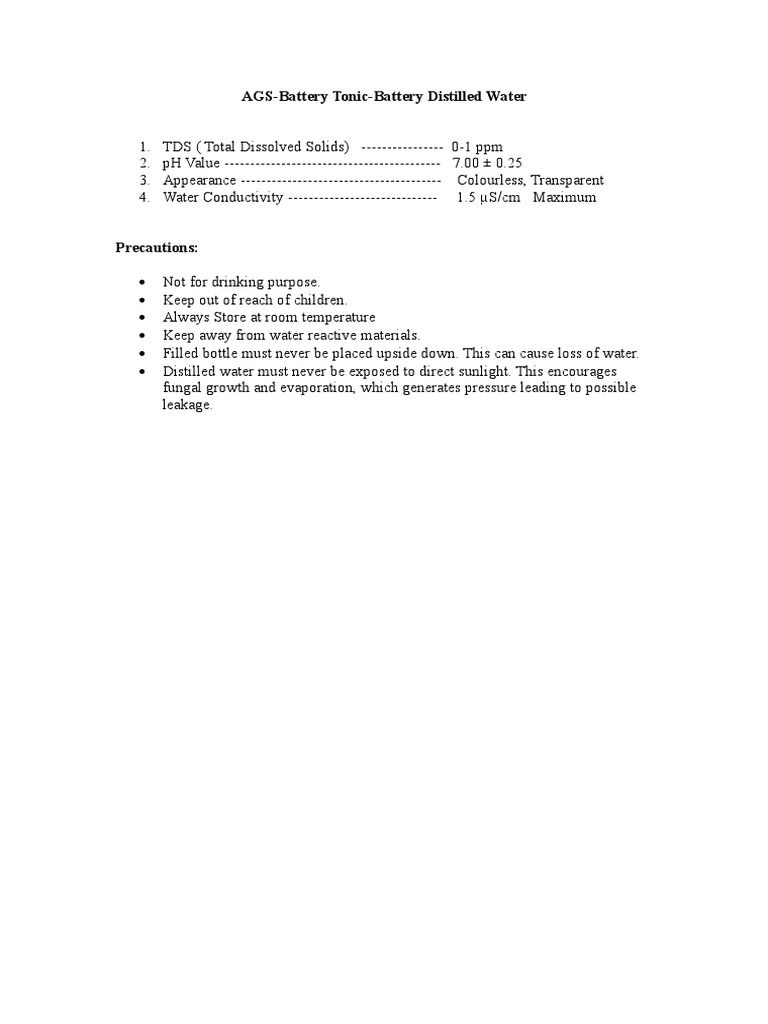 AGS-Battery Tonic-Battery Distilled Water-Specification | PDF | Water ...